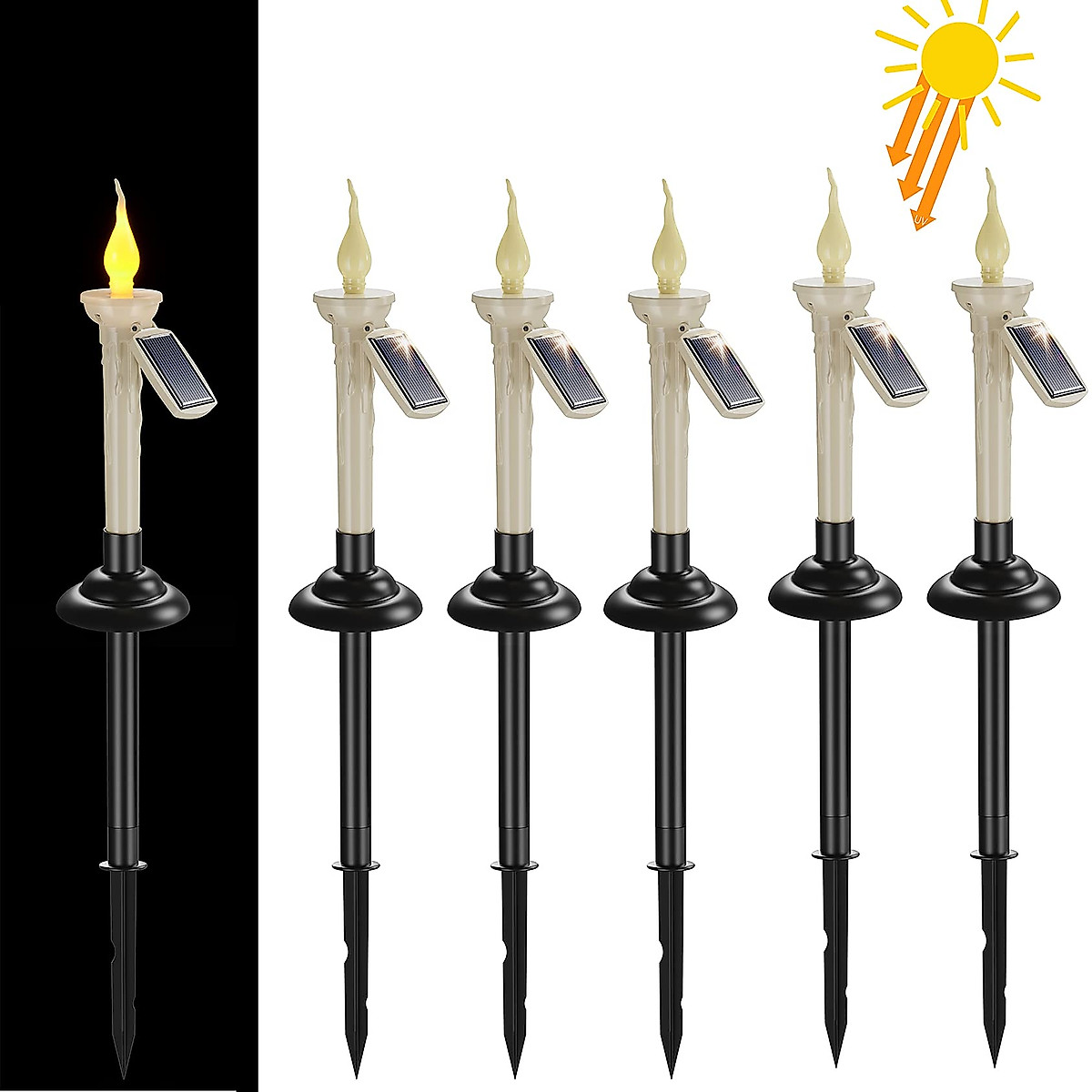 Solar Window Candles with Candlesticks Holders, PChero 6 Packs Waterproof Rechargeable LED Taper Candles with Dusk to Dawn Light Sensor for Outdoor Garden Patio Table Windowsill Decor