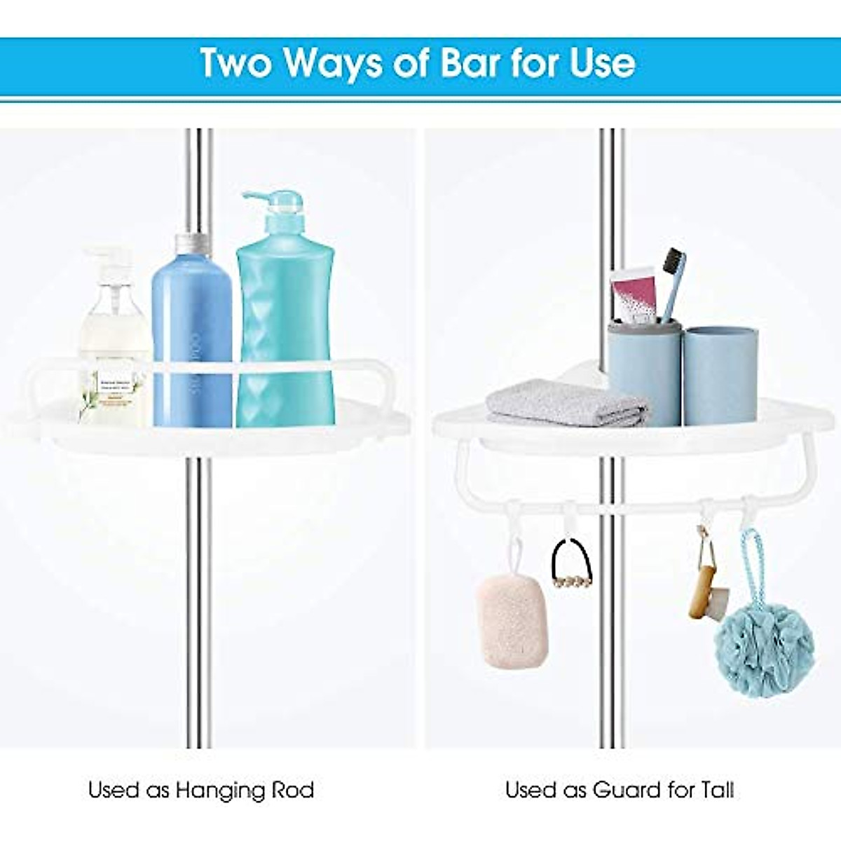 Corner Shower Caddy,4 Tier Height Adjustable White Plastic Tension Bathroom Corner Shelf Bath Shower Pole Storage Rack Tower Organizer Basket Storing Shampoo, Conditioner, Soap (4 Tier Plastic)