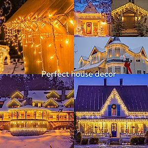 BEEWIN 200 Christmas Icicle Lights, Warm White Clear Bulbs with 23FT Long White Wire, Professional Grade String Lights for Indoor & Outdoor,Xmas,Party, Patio, Courtyard, Window, Fence, Trees Decor