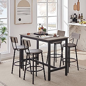 OGAOL Bar Table and Chair Sets for 4, 5 Pieces Industrial Counter Height Pub Table and 4 PU Soft Stools with Back&Adjustable Feet, 47" Dining Table and Chairs for Restaurant,Living Room (Gray, 47")