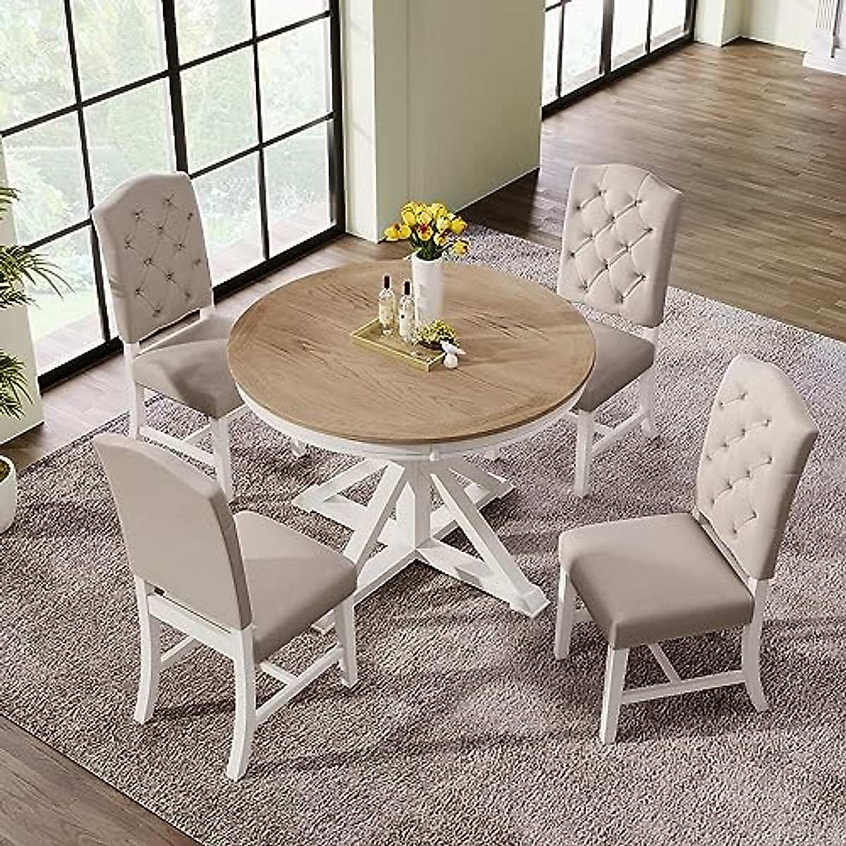 LUMISOL Round Extendable Dining Table Set for 4-6 Persons Rustic Solid Wood 5 Piece Kitchen Dining Set with 4 Upholstered Chairs Farmhouse Round Dining Table for Small Space, Oak Natural Off White