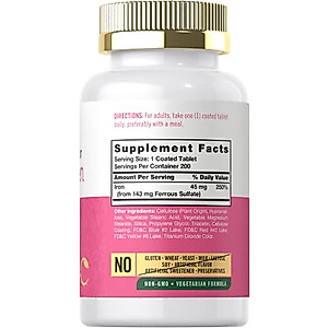 Iron Pills for Women | 45mg | 200 Slow Release Tablets | Vegetarian, Non-GMO, Gluten Free Supplement | by Carlyle