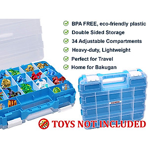 HOME4 Double Sided BPA Free Toy Storage Container - Compatible with Mini Toys, Small Dolls Bakugan - Toy Organizer Carrying Case - 34 Adjustable Compartments