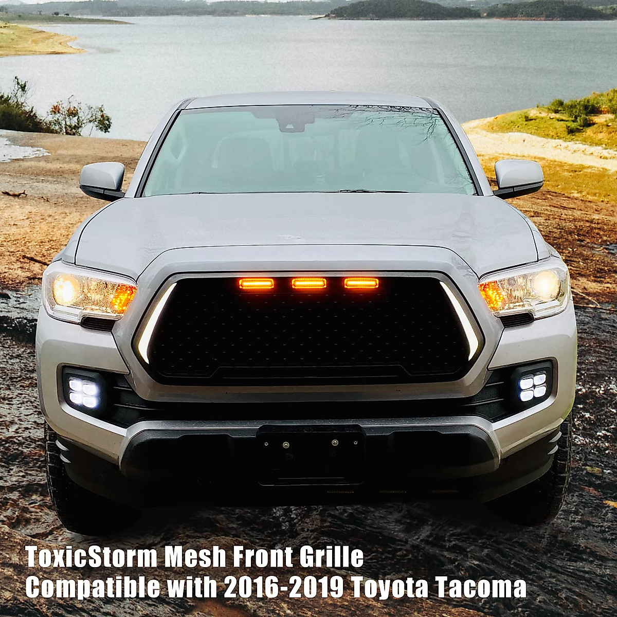 ToxicStorm Mesh Grille Front Grill Matte Black Compatible for Toyota Tacoma 2016-2019 with DRL & Turn Signal Lights and 3 Amber LED Lights