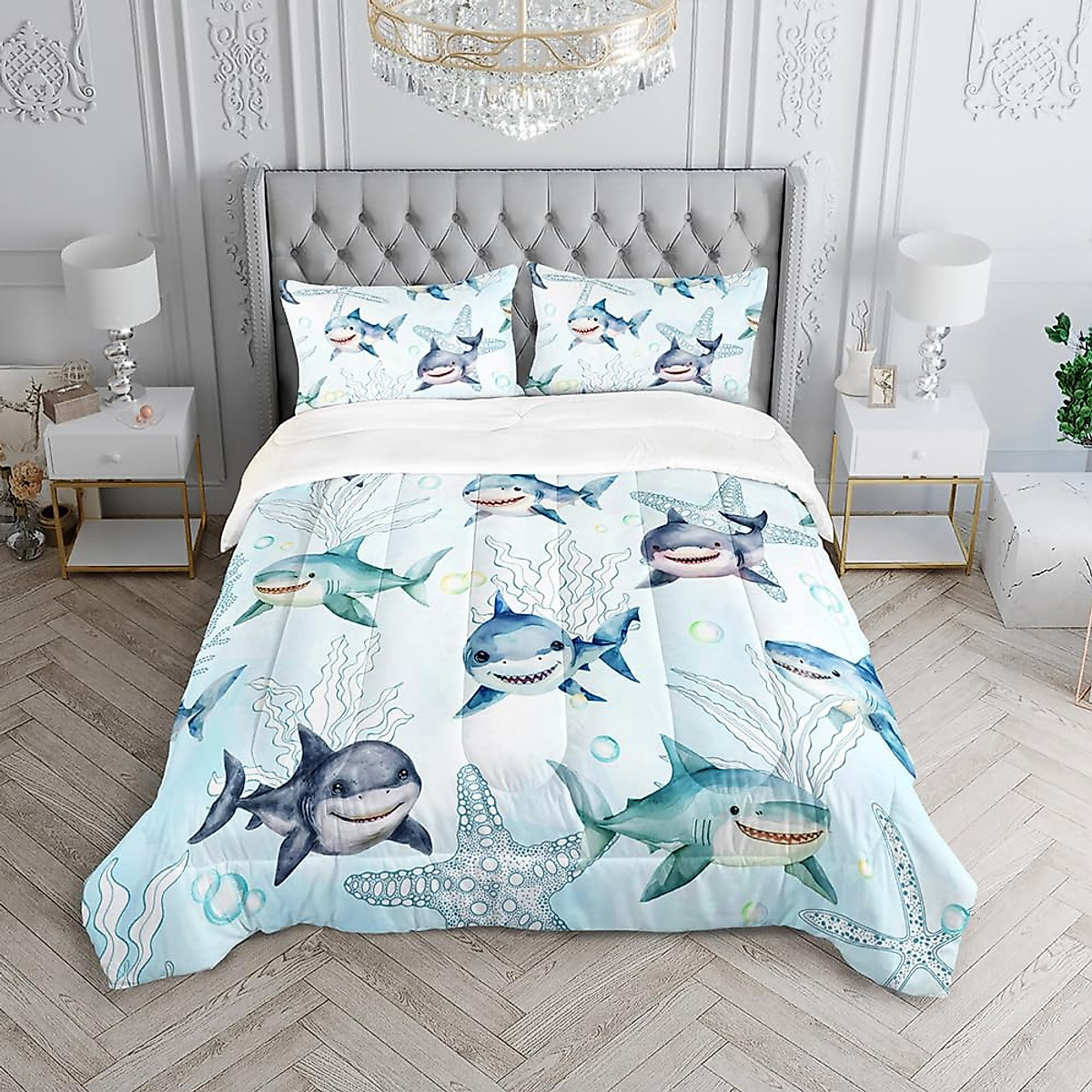 XYNHML Boys Blue Ocean Shark Comforter Set Twin Size Shark Starfish Bedding Sets Seaweed Quilt Bed Set for Kid Girls with 1 Comforter and 2 Pillowcases