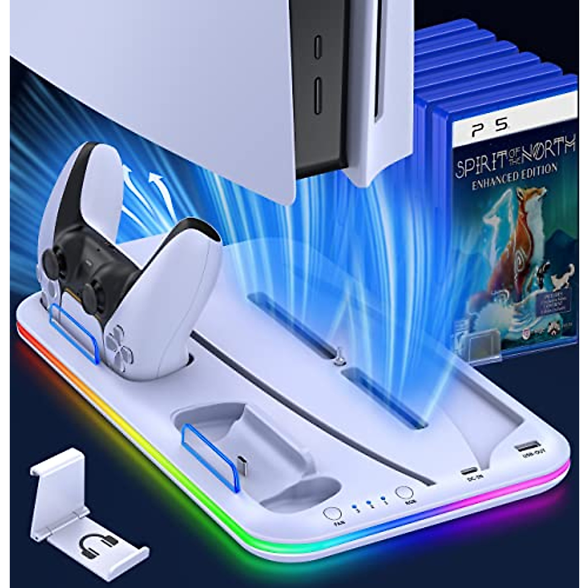 DINOSTRIKE RGB Light PS5 Stand and Cooling Station with Dual Controller Charging Station for Playstation 5 Console, PS5 Accessories for PS5 Console with Headset Holder, 6 Game Slots, Screw White