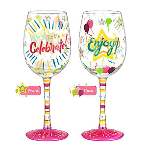 NymphFable Hand Painted Birthday Wine Glass Let‘s Celebrate Birthday Party Decorative Wine Glasses Birthday Gift for Women, 15oz