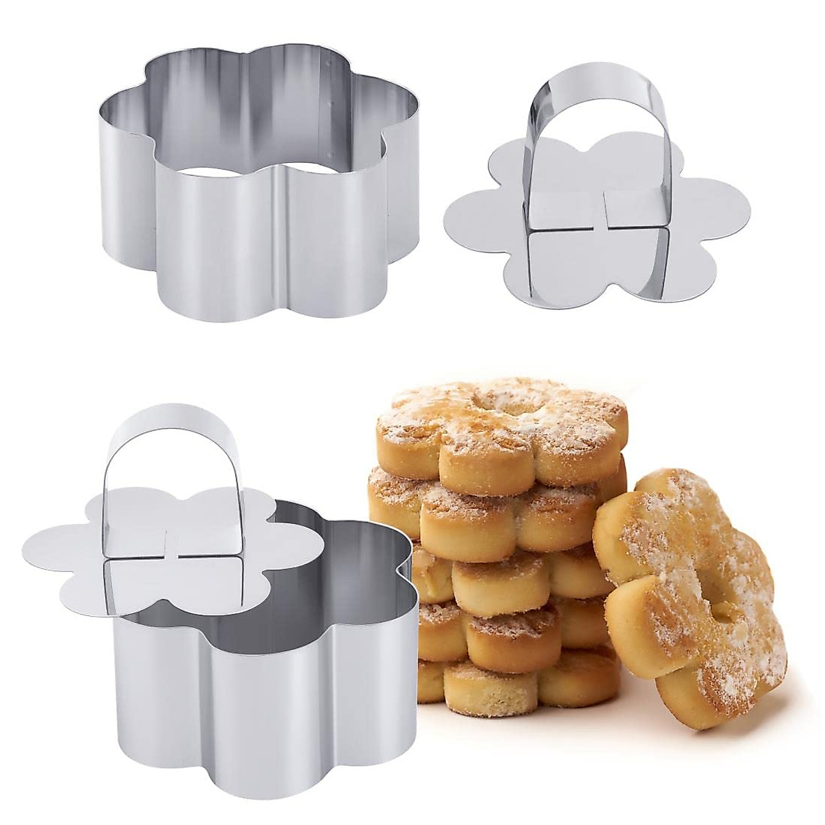 KnmyLife Ring Molds Set for Cooking, Stainless Steel 3 Inch Flower-Shaped Cake Rings with Pusher,Pastry Baking Mold(4 Rings and 4 Pusher)