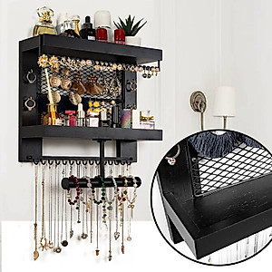 Pinzoveco Hanging Jewelry Organizer Wall Mounted With Wall Jewelry Organizer Holder For Necklaces Bracelet Earrings Ring (Black)