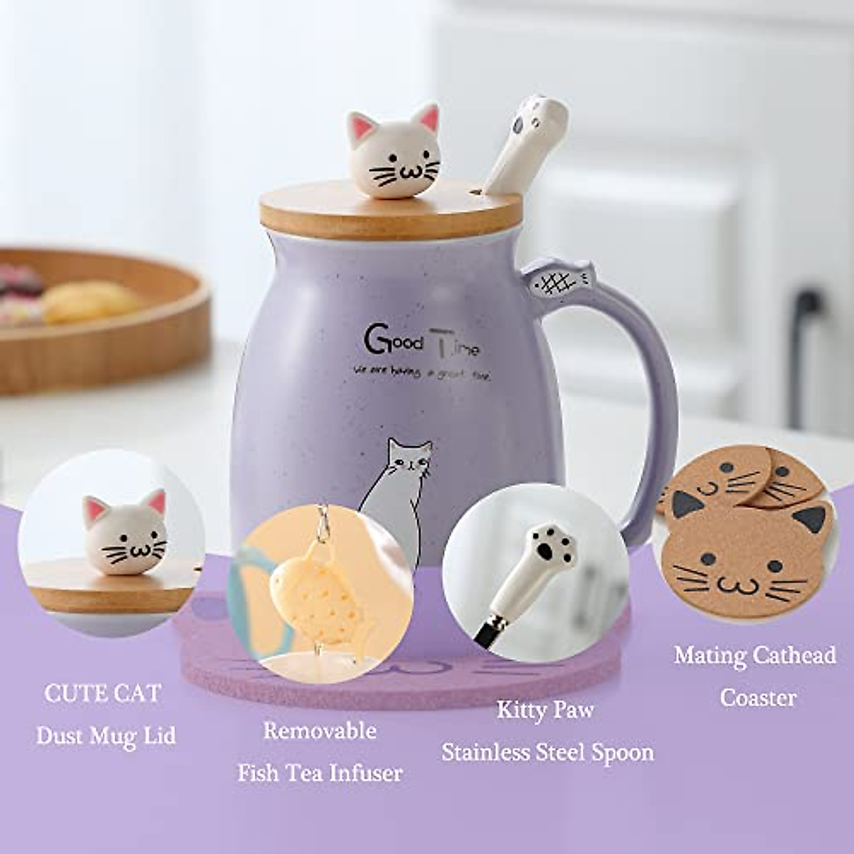 BigNoseDeer Kawaii Tea Cup Cute Cat Mug Purple Gifts for Women Christmas Gifts Ceramic Coffee Mug Tea Cup with Infuser and Lid Spoon Coaster Cute Stuff Cat Gifts Birthday Gifts Christmas Mugs 13oz