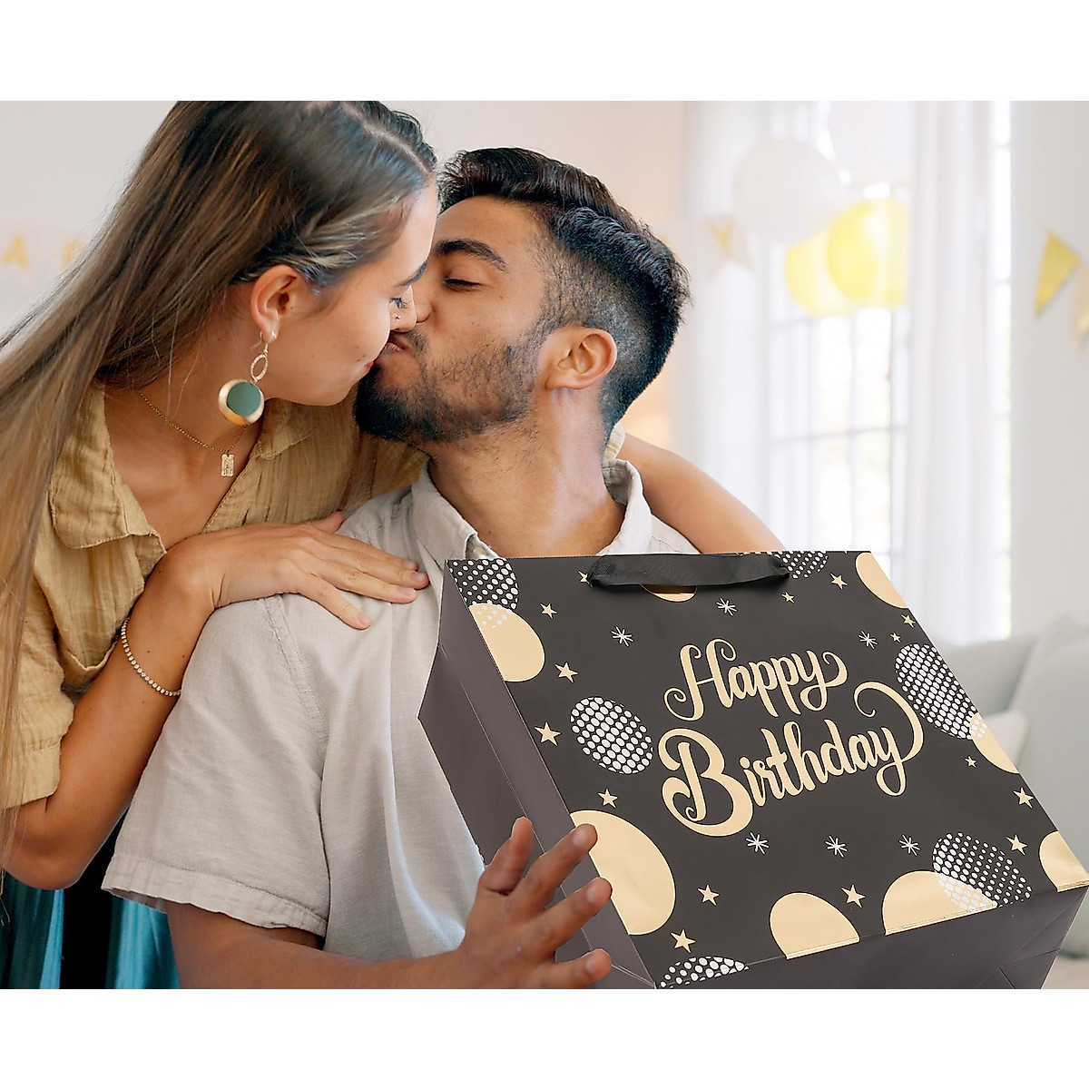 U'COVER 13" Black Happy Birthday Gift Bags Medium Size for Men Gold & Silver Foil Polka Dots Gift Bag with Handles for Father Husband with Card & Tissue Paper (Black & Golden)