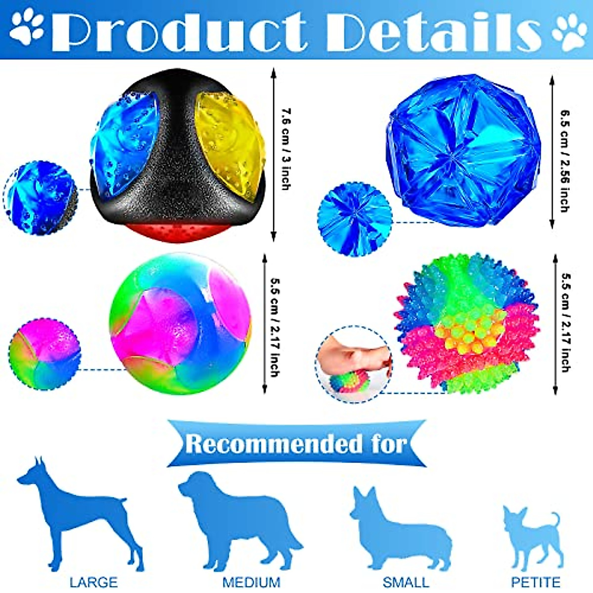 4 Pieces Light up Dog Ball Spiny Light up Dog Ball Flashing LED Dog Ball for Dog Glow in The Dark Flashing Ball Dog Squeaky Toy Bounce Activated Toy PET Ball for Dogs and Puppies