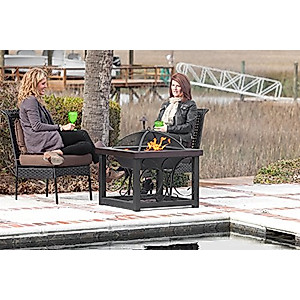 Fire Sense 61331 Fire Pit Cocktail Square Table Wood Burning Steel Mesh Spark Screen Wood Grate Screen Lift Steel Firepit with Log Storage Rack - Hammer Tone Bronze Finish