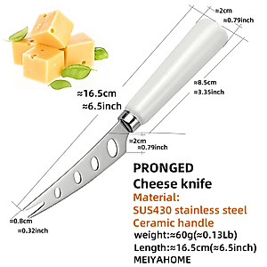 MEIYAHOME 4 Pieces PRONGED Cheese knife 6.5inch Fine smooth finish SUS430 Stainless Steel 6inch Cheese Slicer Cheese Cutter with White Ceramic Handle good hand grip