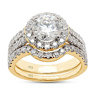 SAVEARTH DIAMONDS Halo Ring, 2 1/2 Cttw Center 6.5MM Round Lab Created Moissanite Diamond With Accents Bridal Set Ring In 14k Yellow Gold Over Sterling Silver (VVS1 Clarity, 2.50Cttw)-6