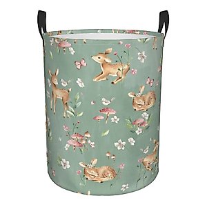 Gbuzozie 38L Round Laundry Hamper Cute Deers Storage Basket Waterproof Coating Woodland Forest Animals Butterflies And Flowers Organizer Bin For Nursery Clothes Toys