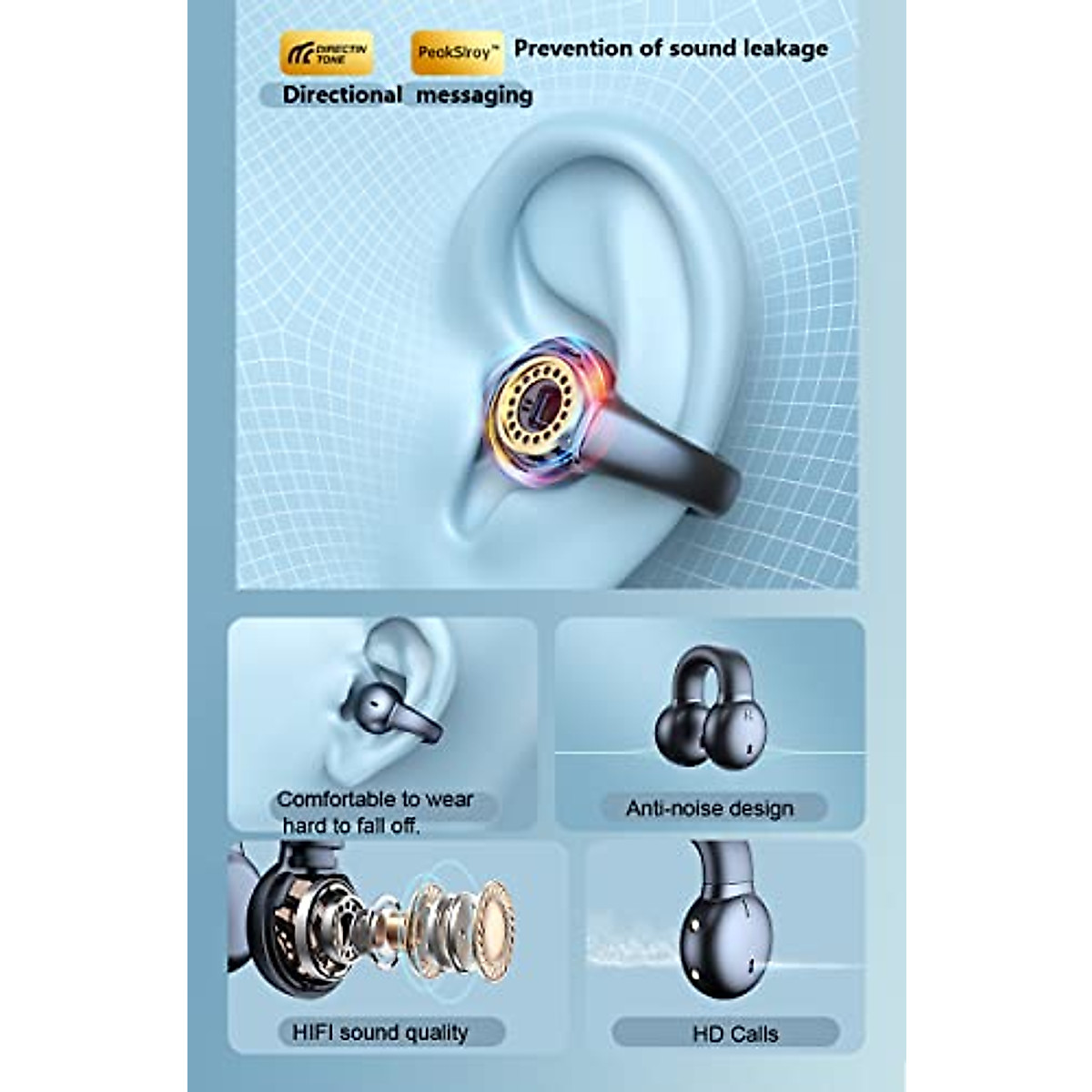 Ear-Clip Bone Conduction Headphones Bluetooth 5.3, Painless Wireless Open Ear Clip on Headphone,Waterproof Mini Sport Running Earring Earphone, Noise Cancelling/HiFi Quality/Long Battery Life