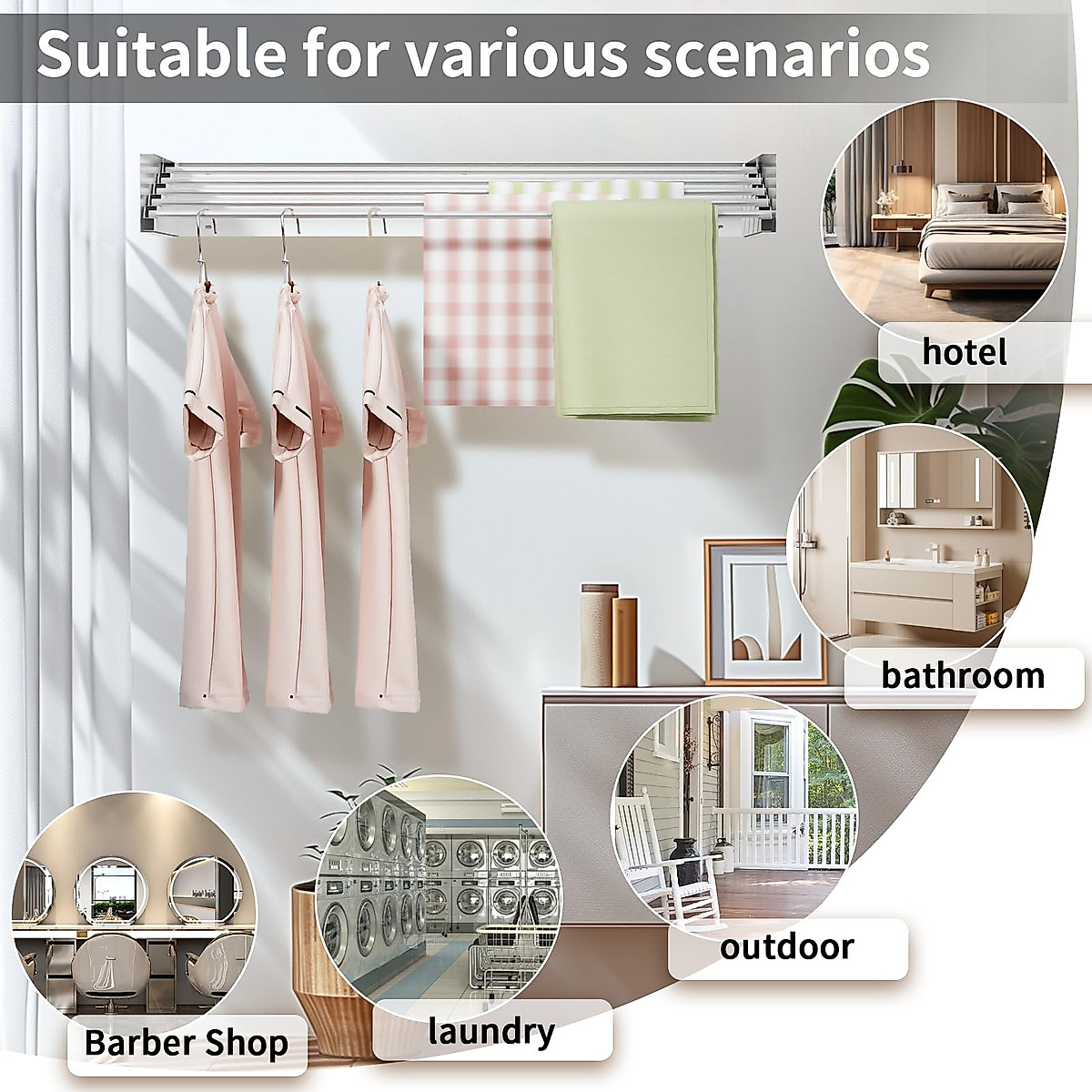 QIICMER Drying Rack Clothing，Wall Mounted Drying Rack，Collapsible Drying Racks for Laundry，Retractable Clothes Drying Rack， Laundry Space Saver Wall Mounted Rack，60 lb Capacity(White 31.5")