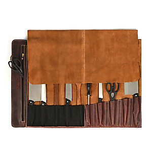 Leather Knife Roll Storage Bag, Elastic and Expandable 10 Pockets, Adjustable/Detachable Shoulder Strap, Travel-Friendly Chef Knife Case (Leather - Light Brown)