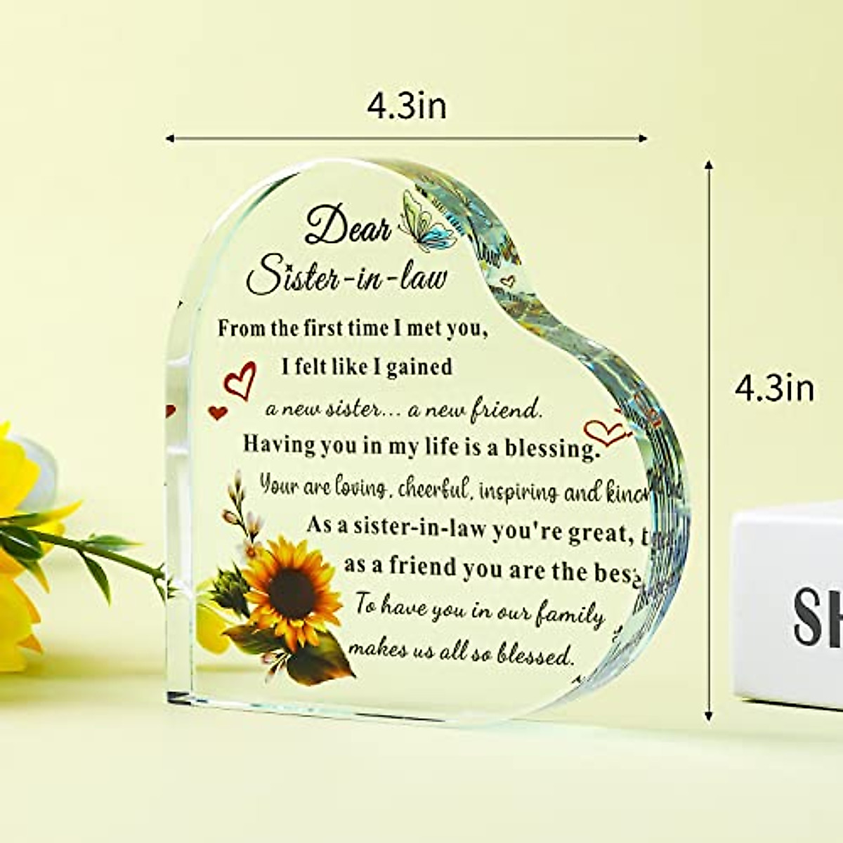 YWHL Sister in Law Birthday Gifts, Unbiological Sister Gift, Heart Shape Glass Keepsake Decor Anniversary Wedding Gifts for Sister In Law, Thanksgiving Christmas Gift