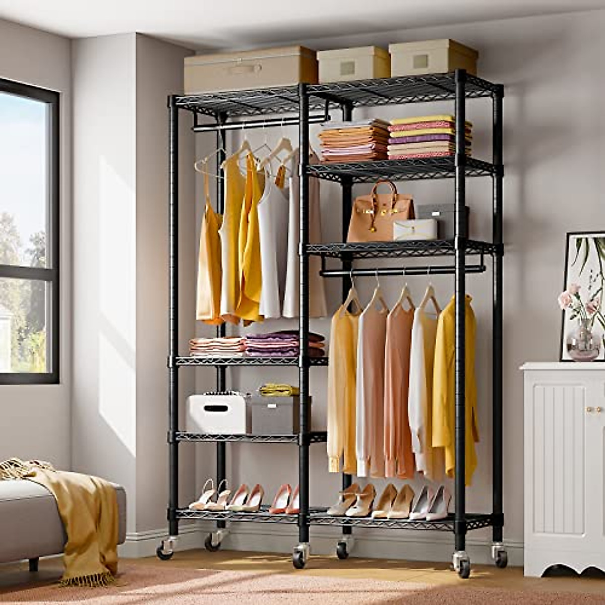 VIPEK R4i Portable Closets Heavy Duty Garment Rack Adjustable Rolling Clothes Rack with 6 Tiers Metal Wire Shelving, Double Rods, Lockable Wheels, Freestanding Wardrobe Closet Storage Rack, Black