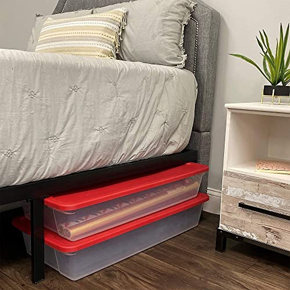 Homz 3421CLRDDC.02 Large 41 Quart Clear Plastic Under Bed Stackable Holiday Storage Container with Red Snap Lock Lid, 2 Pack