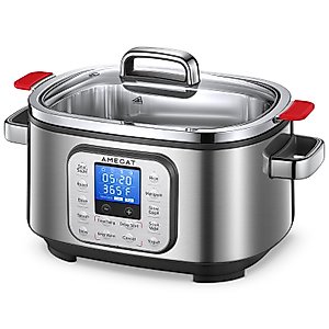 AMEGAT Slow Cooker 6 Quart, 10 in 1 Programmable Cooker, Rice Cooker, Sauté, Steamer & More, Stainless Steel Inner Pot, Steaming Rack & Glass Lid, Delay Start, Adjustable Temp & Time with LED Display