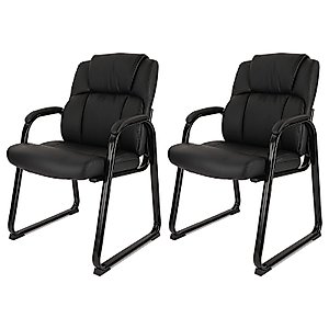 CLATINA Classic Leather Soft Reception Chair with Padded Armrests and Sled Base, Executive Guest Chair for Office Computer Desk Conference Waiting Meeting Room, Black (2 Pack)