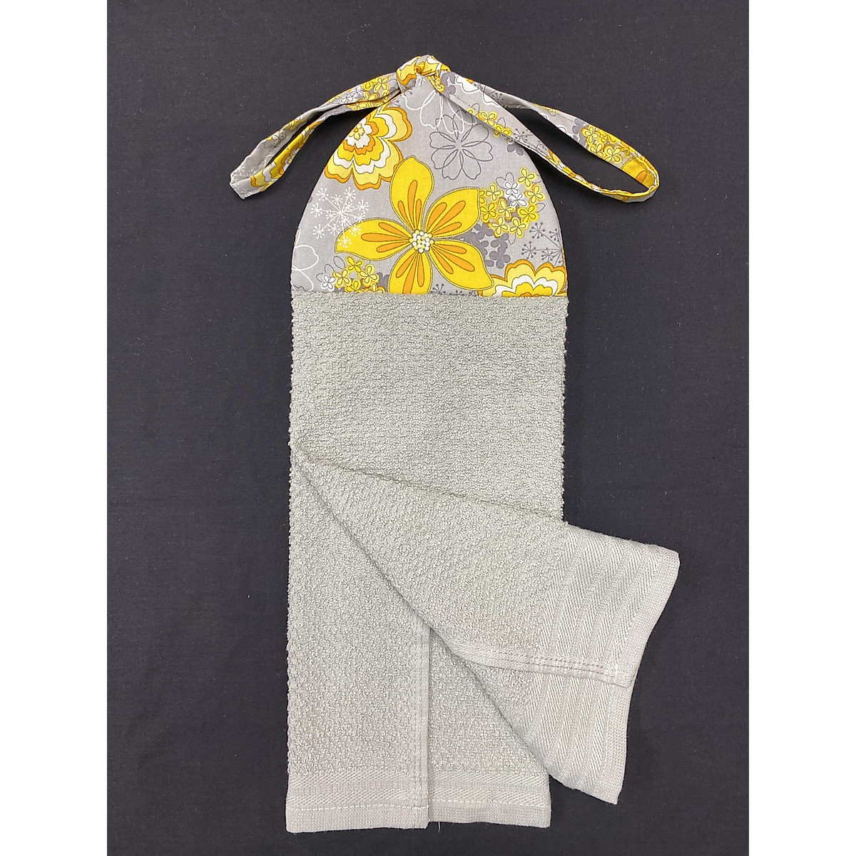 White and Yellow Flowers on Grey Gray Ties On Stays Put Kitchen Hanging Loop Hand Dish Towel
