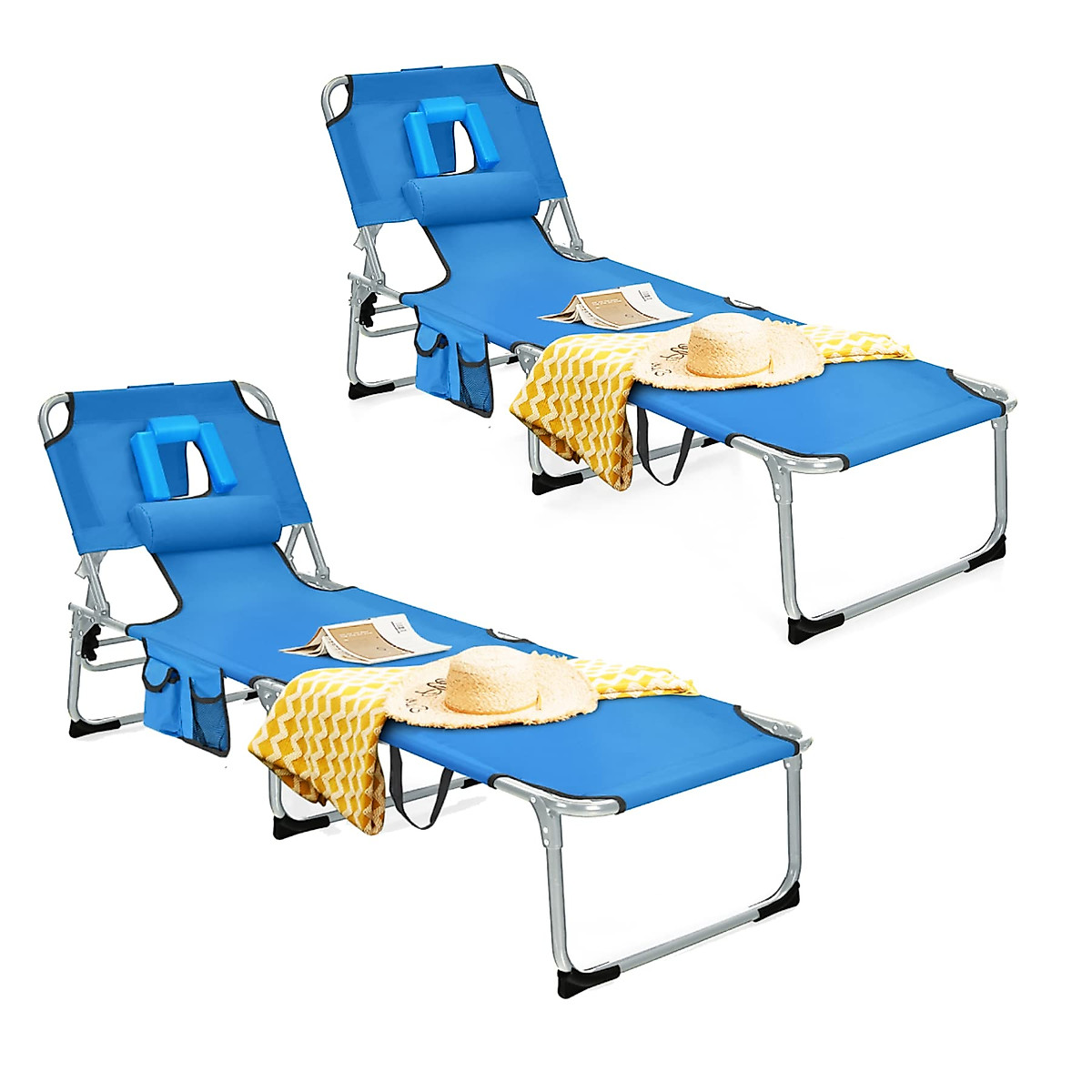Tangkula Beach Chaise Lounge Chair with Hole for Face, Patio Folding Adjustable Reclining Beach Sunbathing Chair with Side Pocket, Portable Face Down Tanning Chair for Outdoor Backyard Poolside (2)