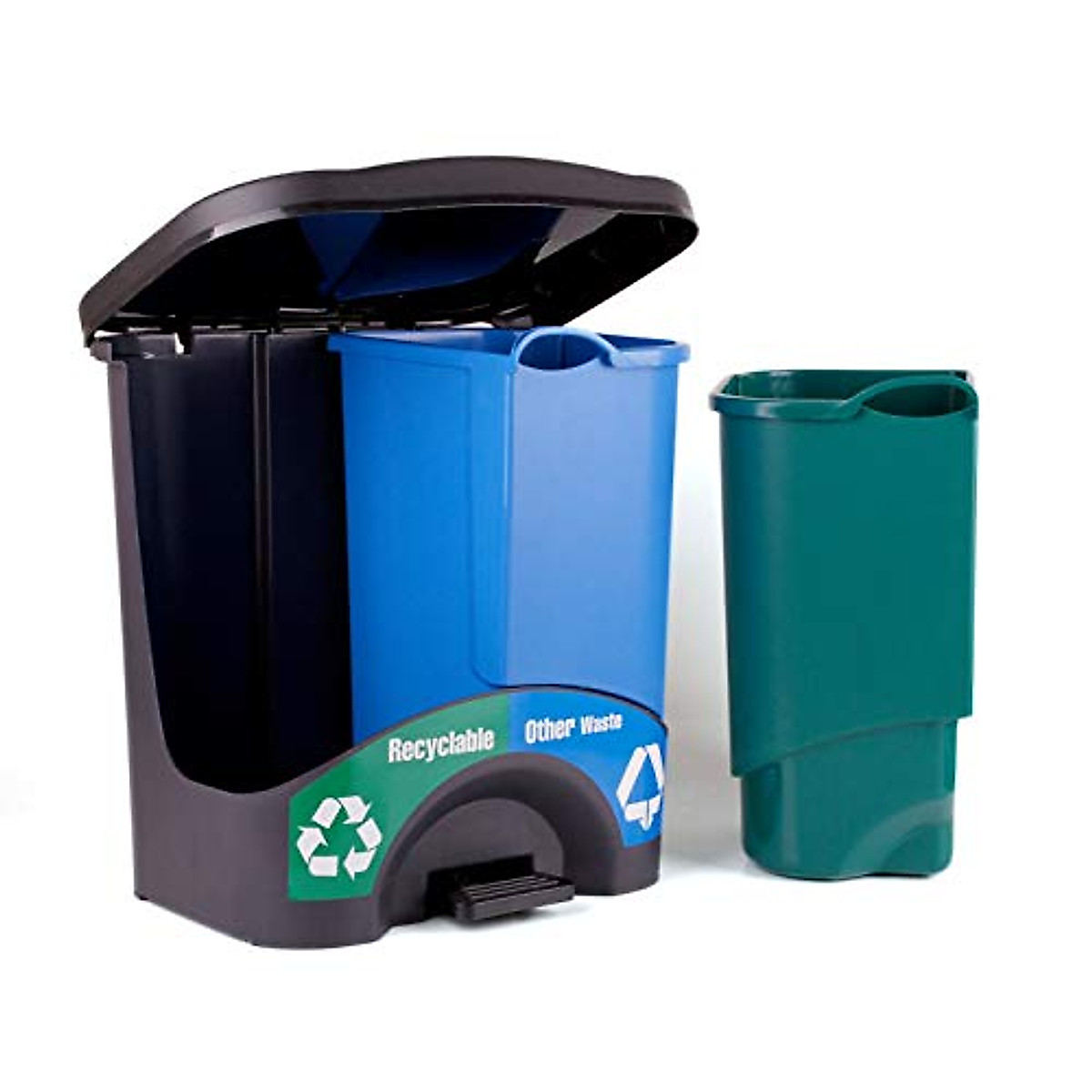 Mintra Home Trash Bins - (17.5inW x 17.5inH x 13inD) - Double Bin - Green/Blue - Recycle, Trash, Can, Bin, Garbage, Plastic, Wastebasket, Adjustable, Removable, Home, Office, Durable