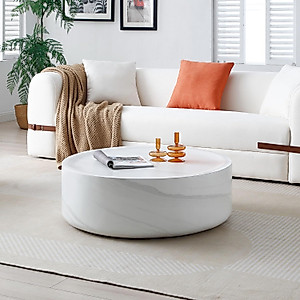 35.43" Faux Marble Coffee Table, Round White Coffee Table for Living Room, Modern Drum Circle Fiberglass Coffee Table for Living Room, ø35.43"*11.81"H (White)