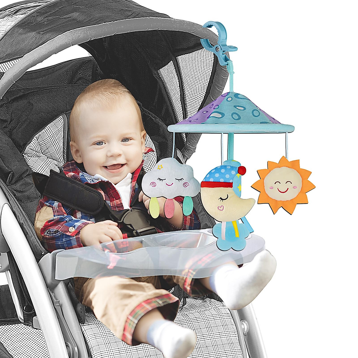 Baby pram Mobile Toys, Car roof Handle Toys with Soft Rattle for 0 Months+ (Sky)