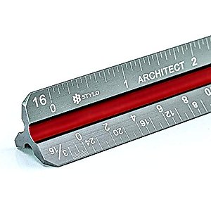 Stylo Aluminum Architect Scale Ruler 12" Laser Etched Triangle Drafting Ruler with Color - Coded Grooves for Blueprint, Drafting and Drawing - Imperial Architectural Scale Ruler for Blueprints