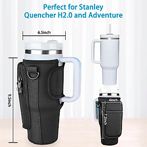 CTSZOOM Water Bottle Carrier Bag for Stanley 40 Oz Tumbler, Bottle Pouch Holder with Pocket and Adjustable Shoulder Strap for Stanley Quencher H2.0, Accessories for Stanley Cup Walking Camping Black