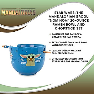 Star Wars: The Mandalorian Grogu"Nom Nom" Japanese Ceramic Dinnerware Set | Includes 20-Ounce Ramen Noodle Bowl and Wooden Chopsticks | Asian Food Dish Set For Home & Kitchen | Cute Baby Yoda Gifts