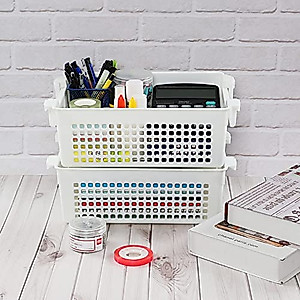 Saedy 4 Packs Plastic Baskets with Handle, Stackable Basket Organizer Bin, White