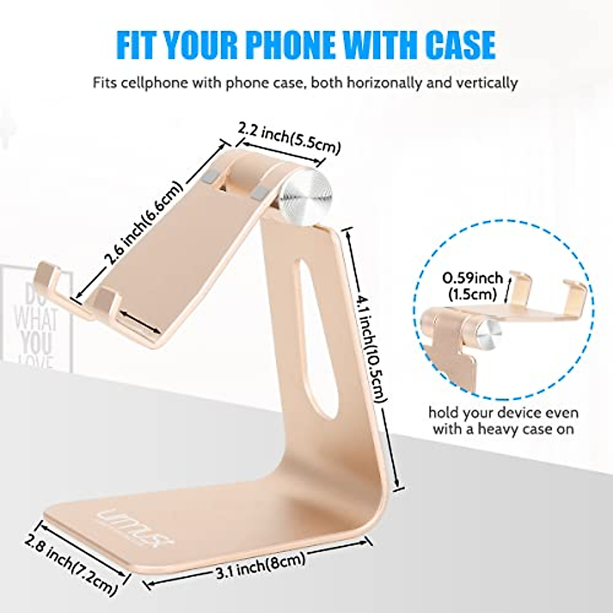 Urmust Adjustable Cell Phone Stand Phone Stand for Desk Cradle, Dock, Holder Compatible with iPhone 14 13 12 11 Pro Max Xs XR 8 X 7 6 6S Plus SE 5 5S 5C(Gold)