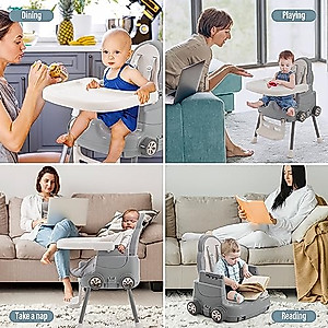 Baby High Chair,Adjustable Convertible 3 in 1 Baby High Chairs Baby Toddlers Feeding Chair Booster,5-Point Harness,Removable Tray&PU Cushion (Gray)
