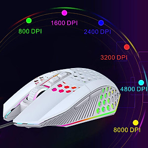 Uiosmuph X801 Wired Gaming Mouse, Honeycomb Lightweight Gaming Mouse with RGB Backlit, 7 Programmable Buttons and One-Click Desktop, 8000 DPI Optical USB Gamer Mouse for Mac, Laptop, Computer - White