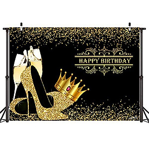 Black Gold Happy Birthday Backdrop Banner Shiny Golden Crown Sequin Champagne High Heels Adult Bday Photography Background for Women Queen Themed Birthday Party Decorations Photo Booth Backdrops 7x5ft