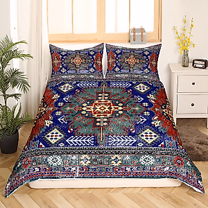 Erosebridal Boho Tribal Duvet Cover King, Retro Exotic Bedding Set, Vintage Lattice Arrows Bohemian Comforter Cover, Blue Green Red Antique Grid Damask Inspired Medallion Egyptian Quilt Cover