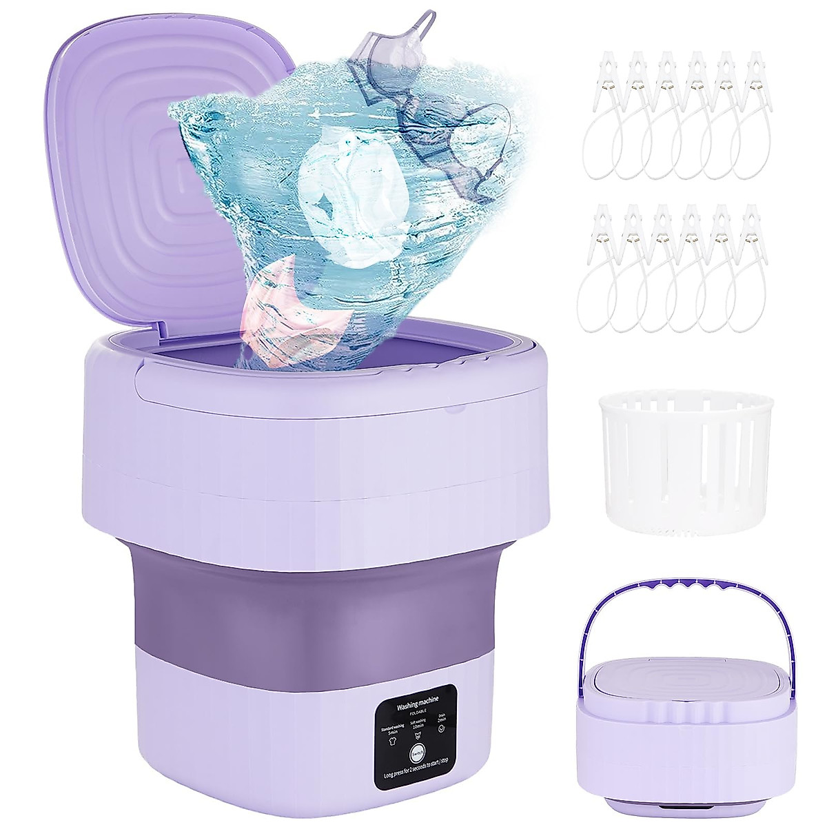 9L Portable Mini Washing Machine Small Portable Washer And Dryer Combo With Clip, Portable Washer Machine Foldable Design For Underwear, Baby Clothes, And Small Items, Ideal For Apartments (Purple)