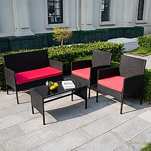 Tappio 4 Piece Patio Conversation Wicker Furniture Set, Outdoor PE Rattan Chair Wicker Sofa Sectional Furniture Set, Porch Furniture Set for Garden Yard Porch