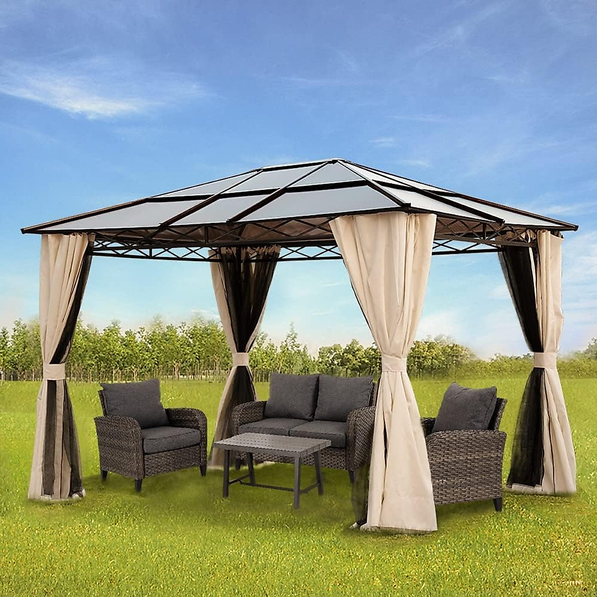 Grand patio 10x12 Hardtop Gazebo, Single Roof Pergolas Metal Aluminum Frame UV 50+ Outdoor Canopy with Mosquito Netting and Curtains, Outdoor Shelter for Garden, Lawn, Backyard