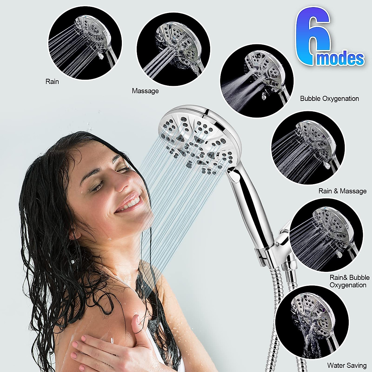 High Pressure Handheld Shower Head 6 Spray Settings Detachable High Flow Powerful Showerhead with 59" Stainless Steel Hose and Multi Angle Adjustable Shower Bracket, Easy to Install, Chrome