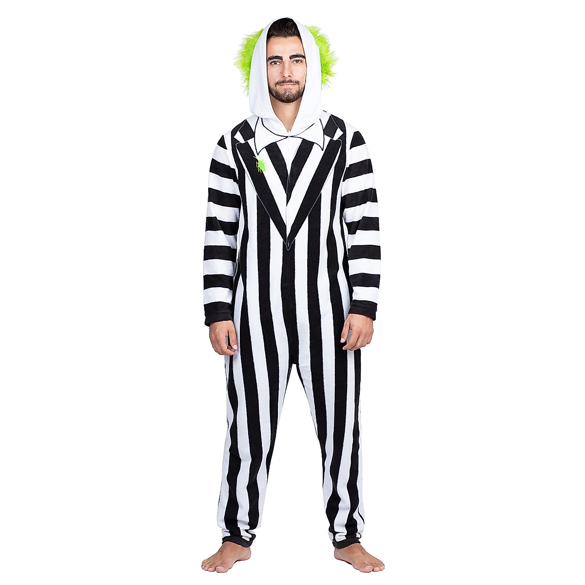 Prestigez BeetleJuice Mens Hooded Onesie Pajama Costume Union Suit, Size Medium