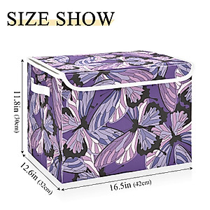 FOLIOSA Storage Boxes Butterflies Purple collapsible Flip-top locker Fabric Storage Bins with Handle for Home Bedroom Closet Office 16.5×12.6×11.8 in