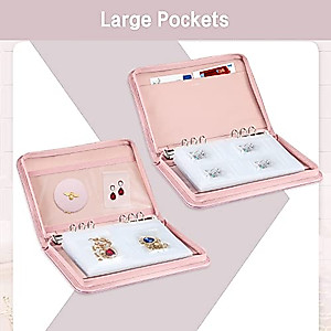 SKYREH Jewelry Travel Organizer Case, PU Leather Portable Jewelry Storage Book with Transparent Pockets Zipper Bag for Necklaces, Earrings, Bracelets (48 Grids + 48 Thicken PVC Bags), Rose Gold