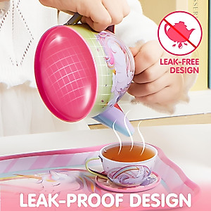 JOYIN 35Pcs Unicorn Tea Party Set for Little Girls, Pretend Tin Teapot Set, Princess Tea Time Play Kitchen Toy with Dessert, Doughnut, Carrying Case for Birthday Easter Gifts Kids Toddlers Age 3 4 5 6